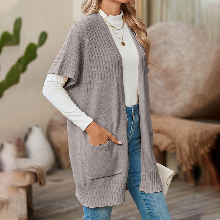 Women's Long Solid Color Front-Open Jacket with Pockets – lionclay