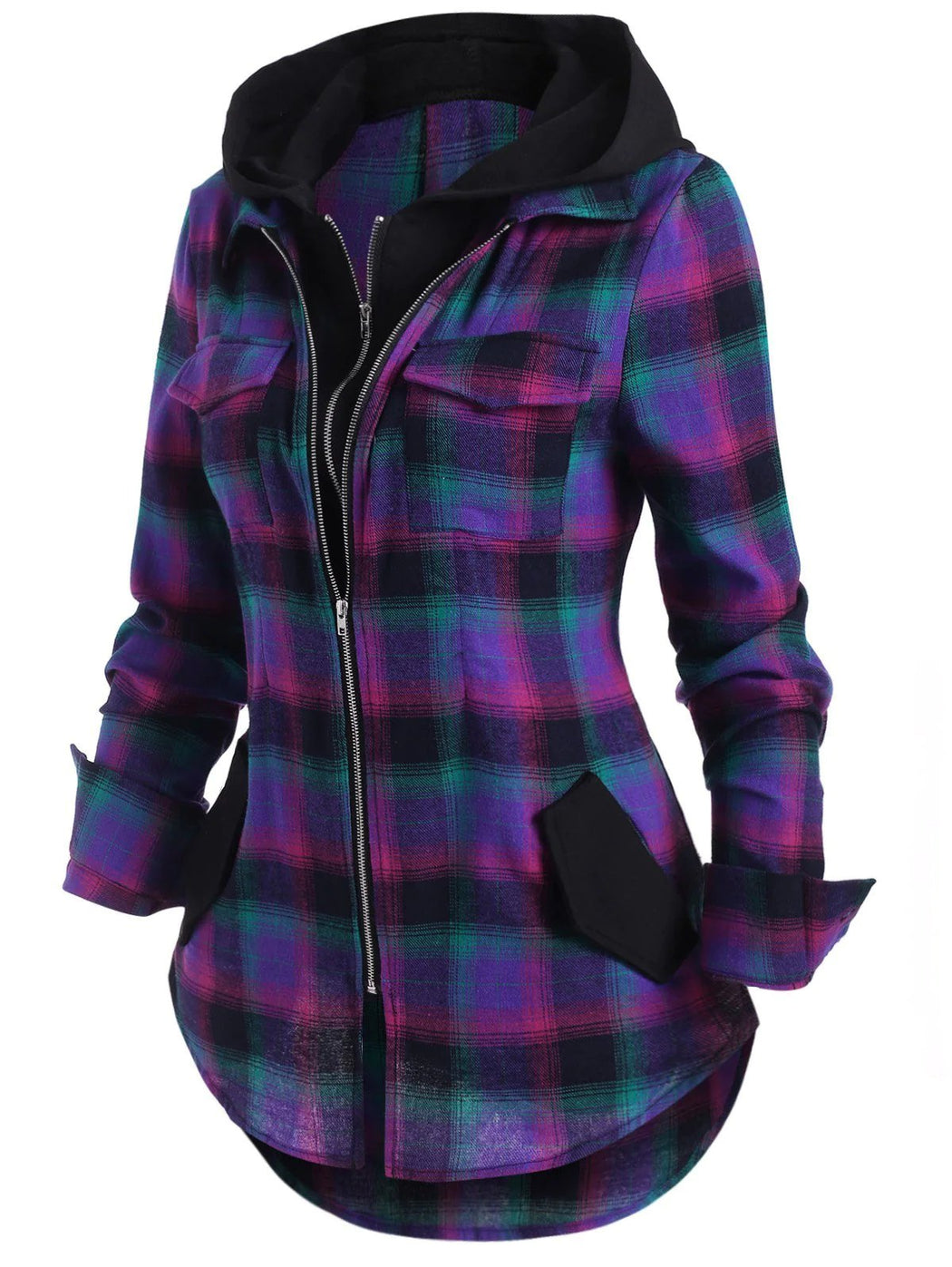 Double Zipper Plaid Pocket Hooded Shirt Jacket – lionclay